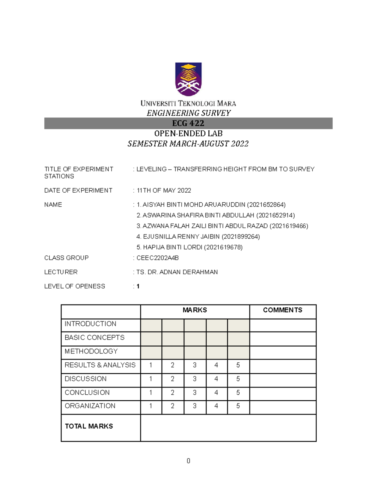 LAB Report on Leveling Methodology for ECG422 - Studocu