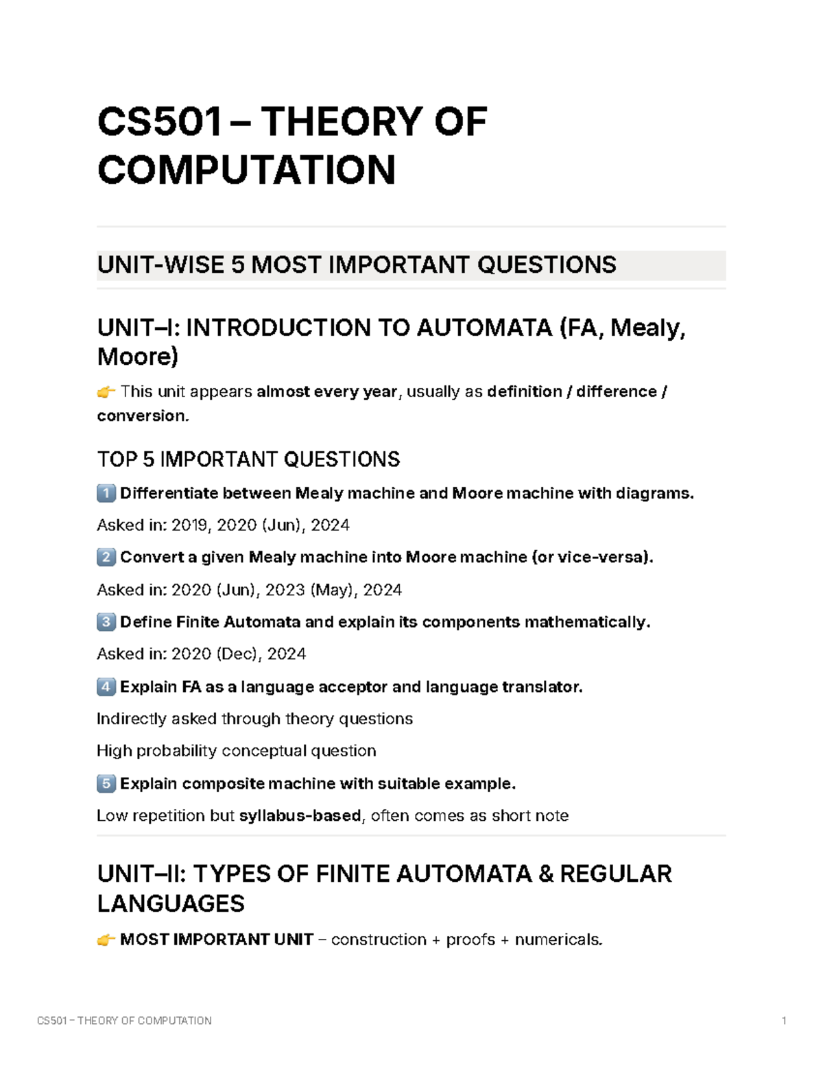 CS501 THEORY OF COMPUTATION: TOP 5 IMPORTANT QUESTIONS & EXAM STRATEGY ...