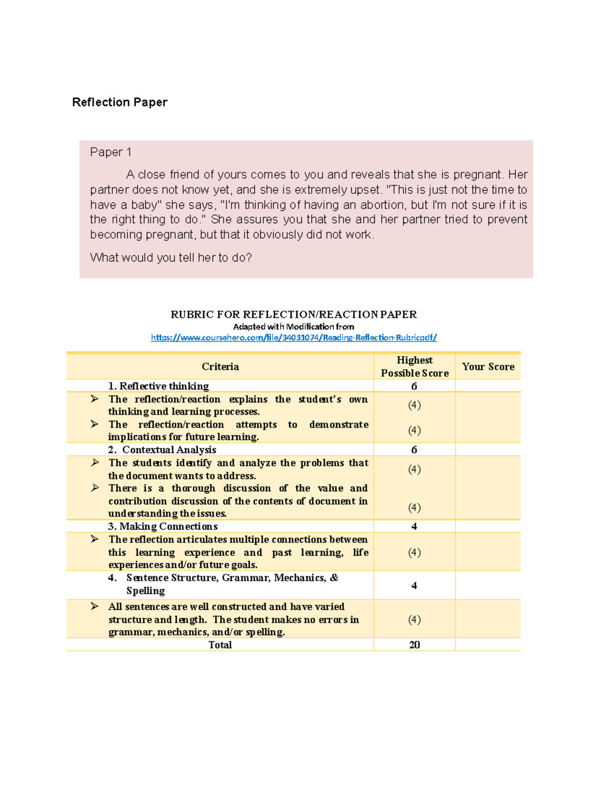 ethics-module-5 - Reflection Paper RUBRIC FOR REFLECTION/REACTION PAPER ...