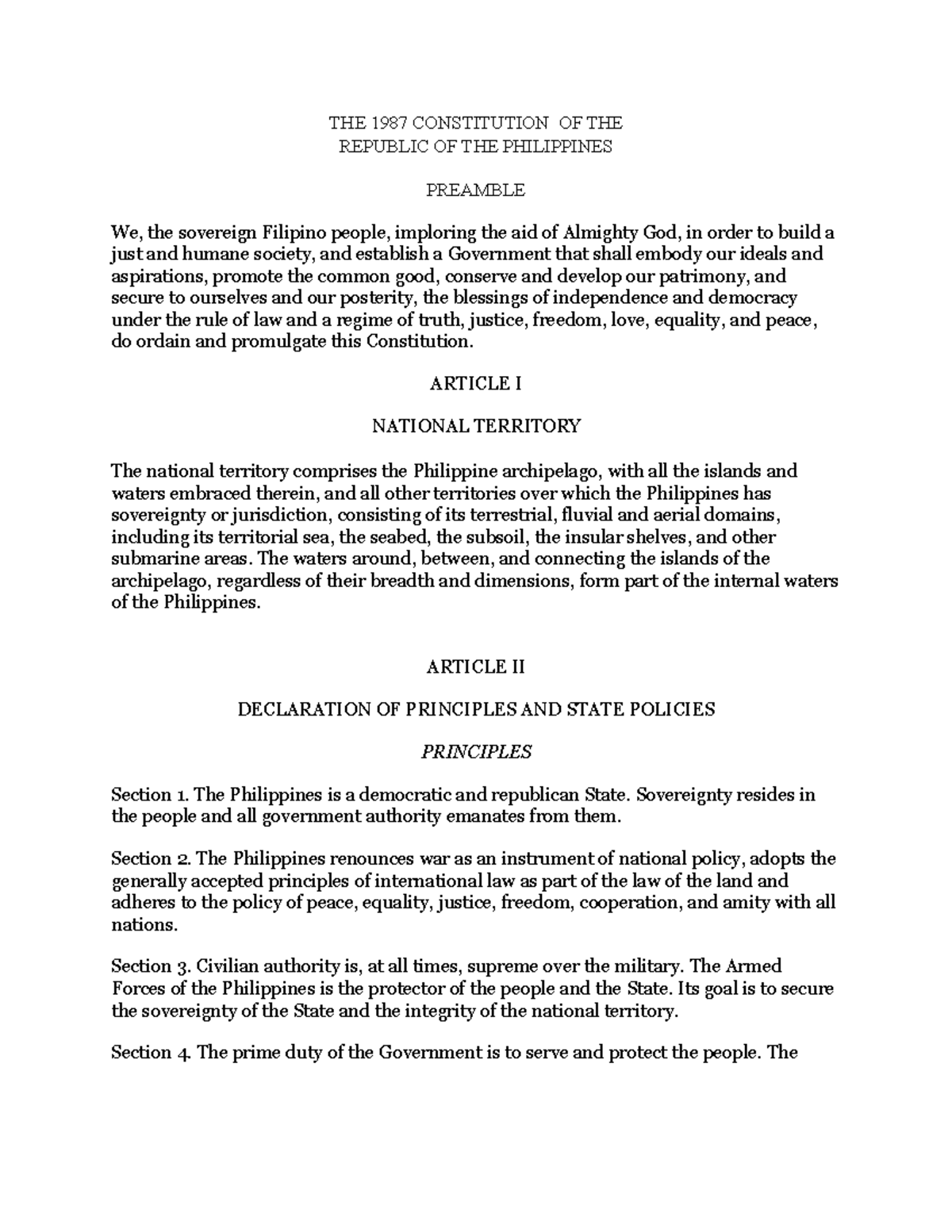 Philippine Constitution: 1987 Preamble and Articles Overview - Studocu