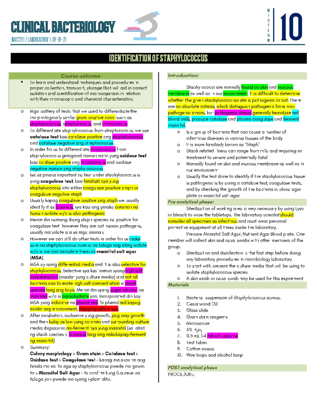 Identification of staphylococcus aureus, a Gram-positive (Lab Report ...