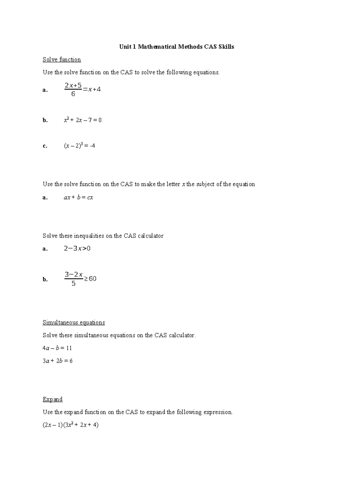 Unit 1 Mathematical Methods: CAS Skills & Function Solutions - Studocu