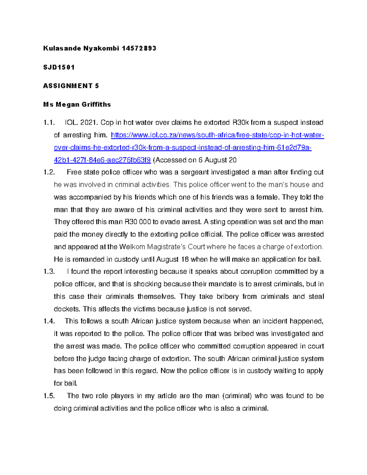 Assignment 5 SJD1501: Analysis of Police Corruption & GBV Cases - Studocu