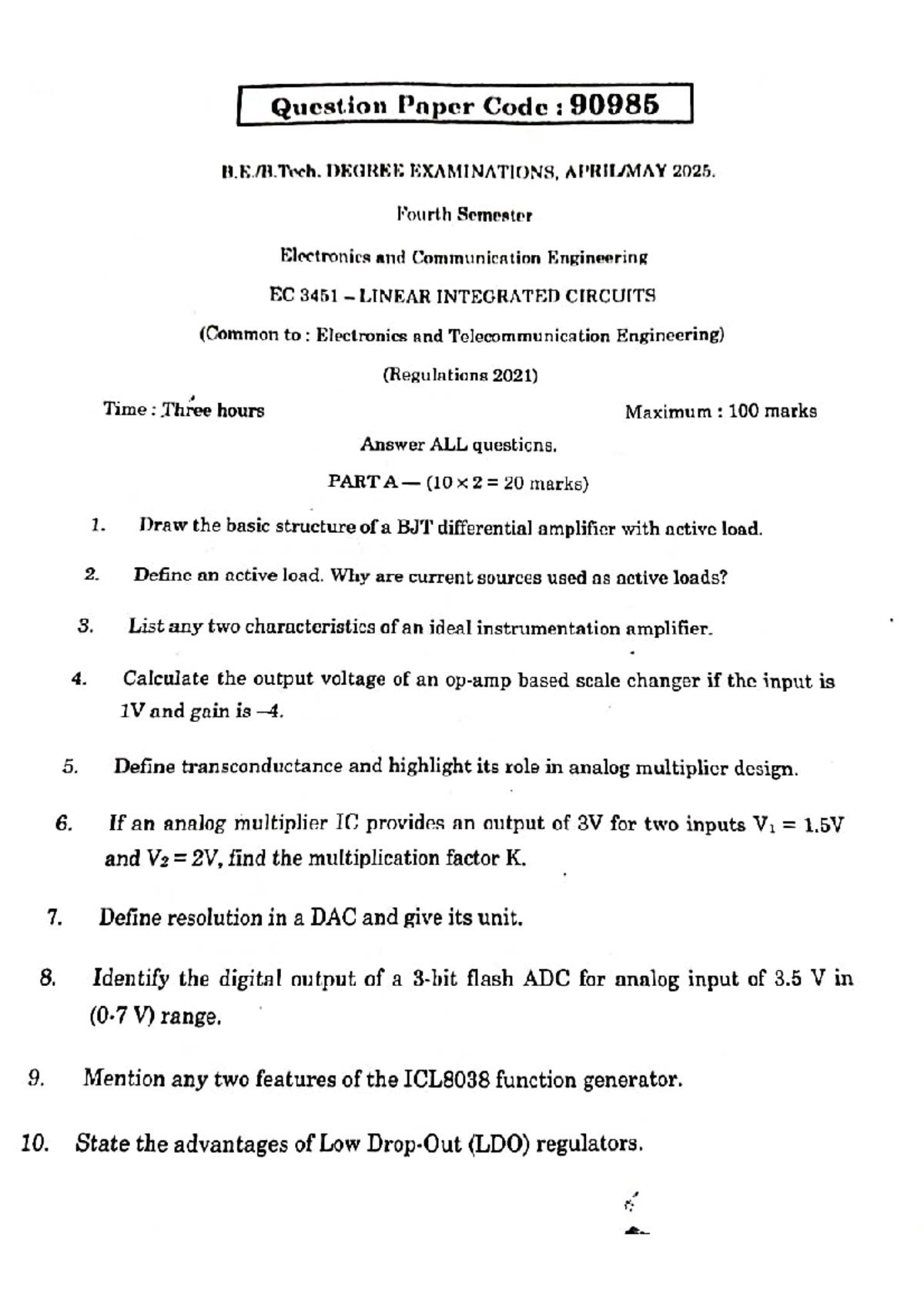 EC 3451 Final Exam Question Paper - Linear Integrated Circuits - Studocu