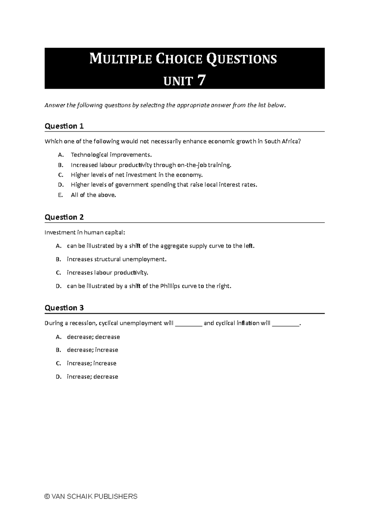 UNIT 7 MCQ Questions on Economic Growth Factors and Theories - Studocu