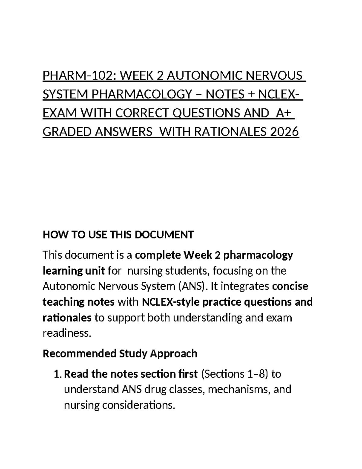 Pharm-102 Week 2 ANS Pharmacology Notes & NCLEX Exam Qs with Rationales ...
