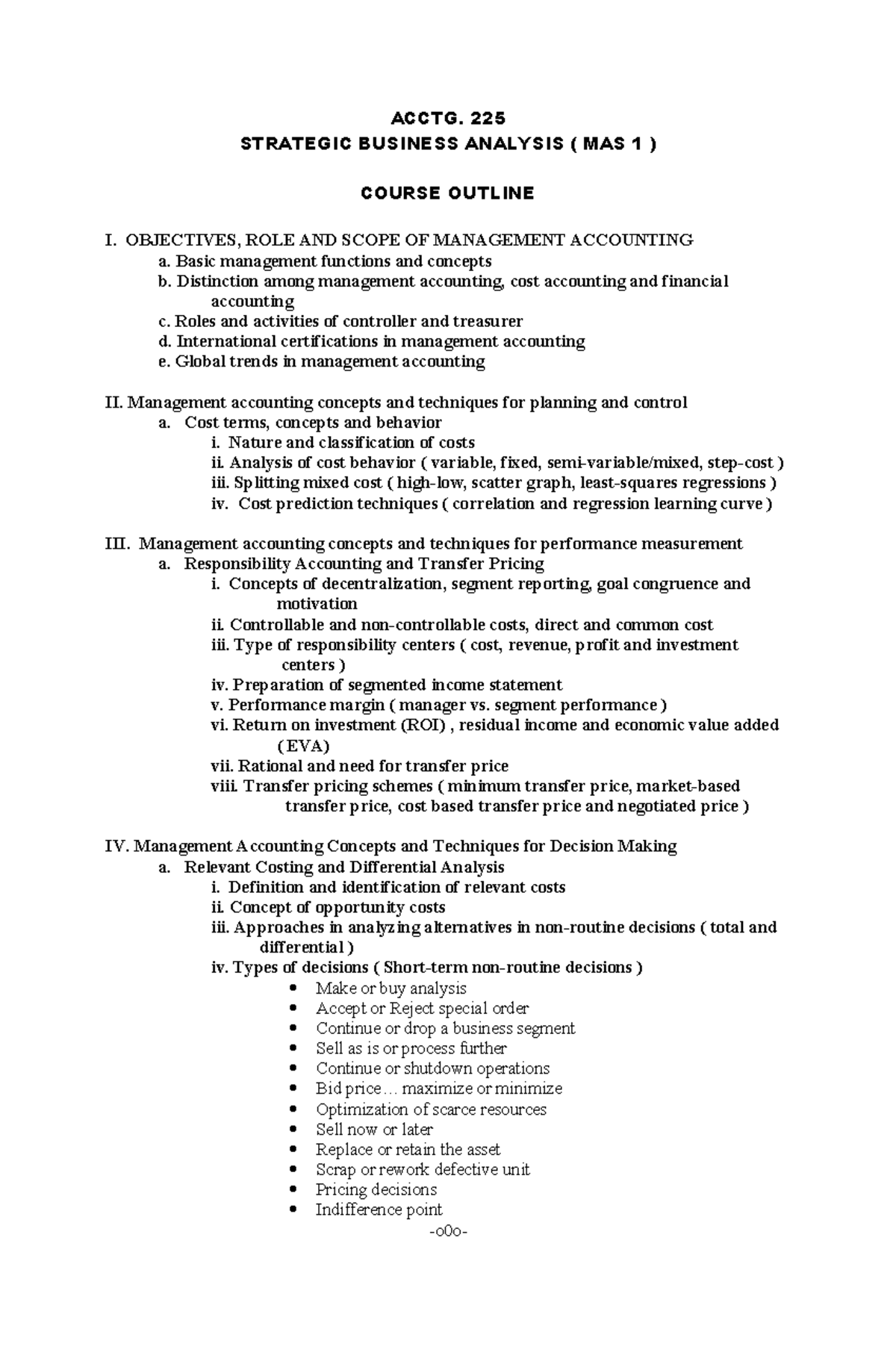 Acctg 225 Strategic Business Analysis Course Outline 2025-2026 - Studocu