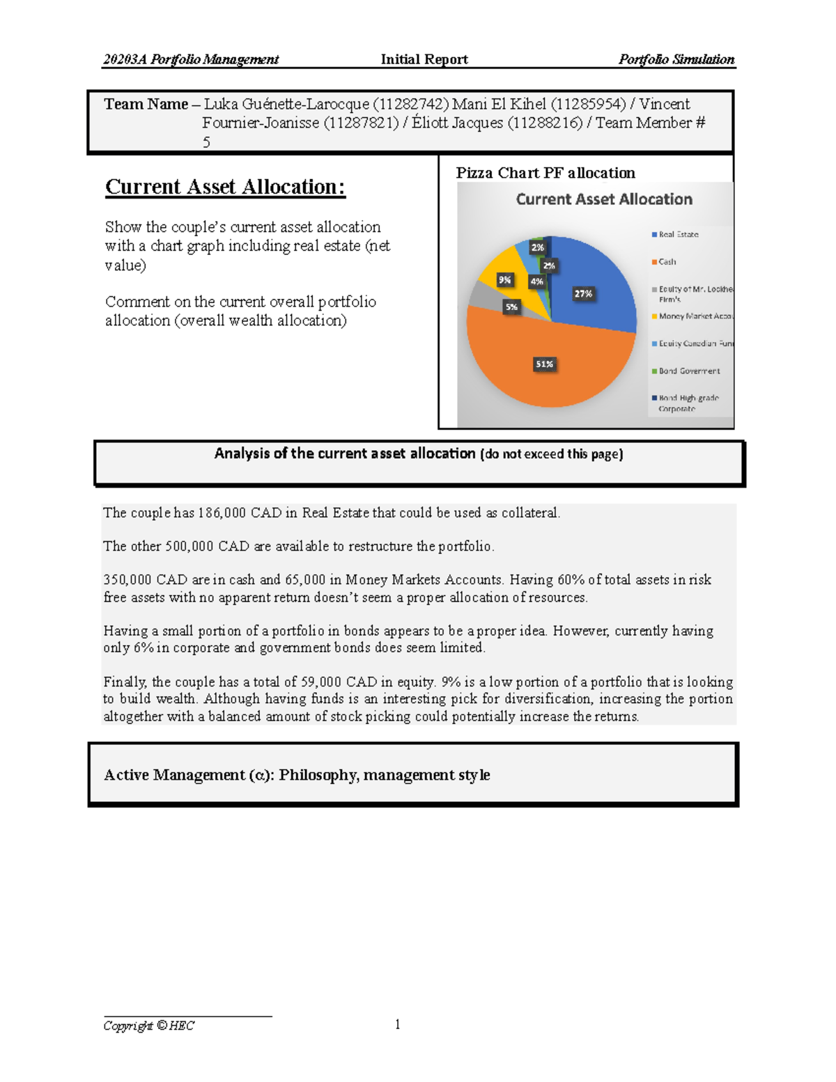 20203A Portfolio Management Initial Report: Current Asset Allocation ...