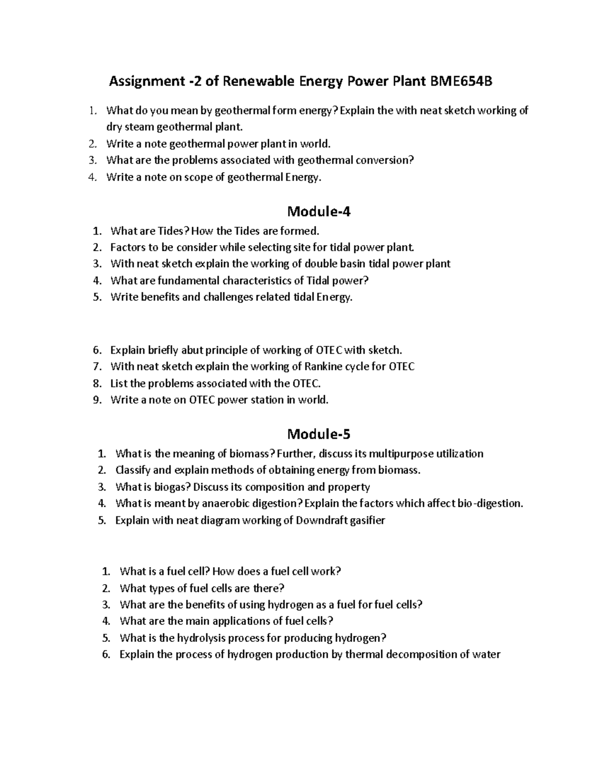 Renewable Energy Assignment BME654B: Geothermal, Tidal, OTEC & Biomass ...