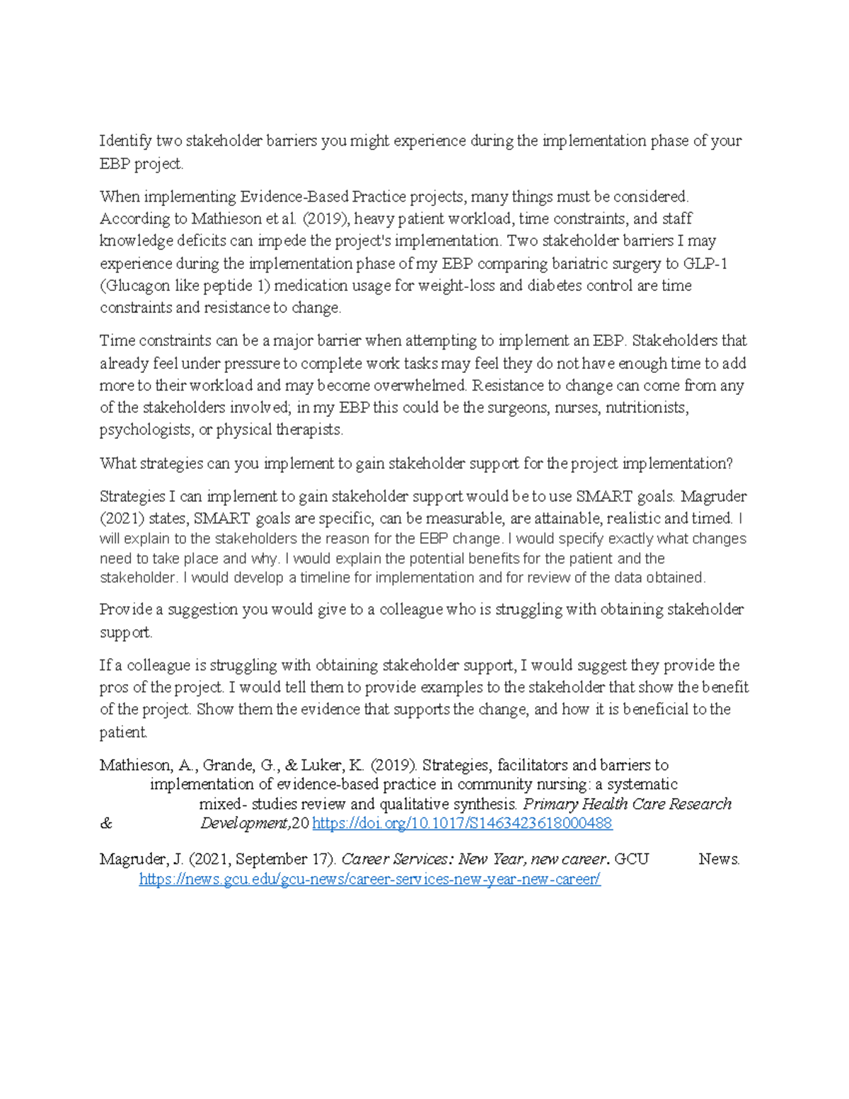 Week 10 EBP Project Implementation Barriers and Strategies - Studocu