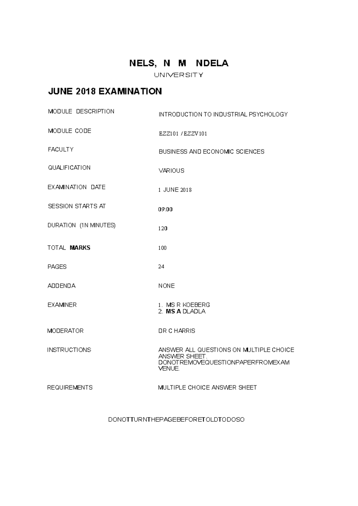 EZZ 101 June 2018 - Industrial Psychology Past Paper Exam - Studocu