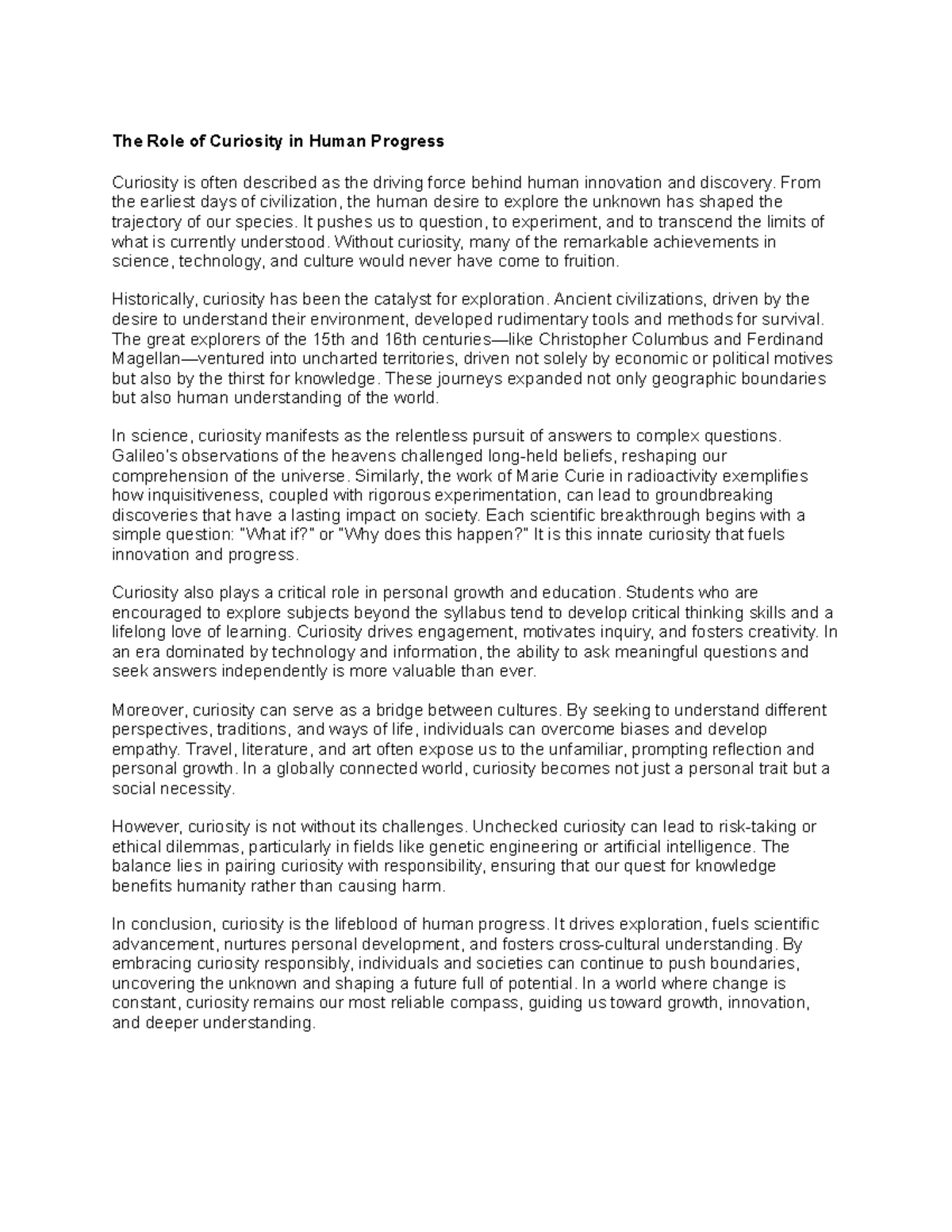 The Impact of Curiosity on Human Advancement - Studocu