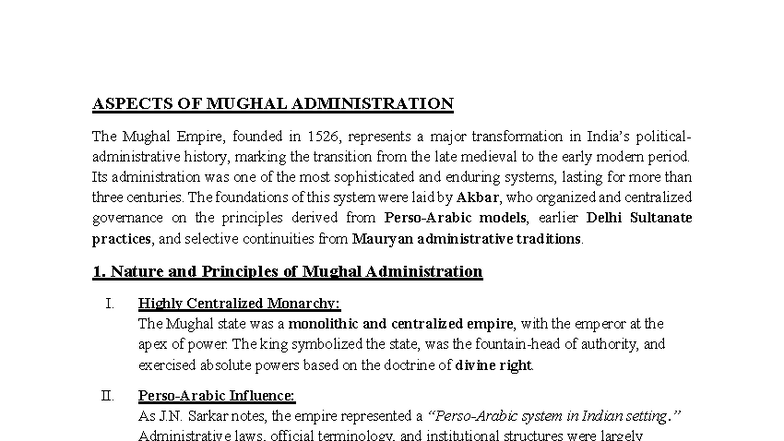Mughal Administration: Key Aspects and Structure Analysis - Studocu
