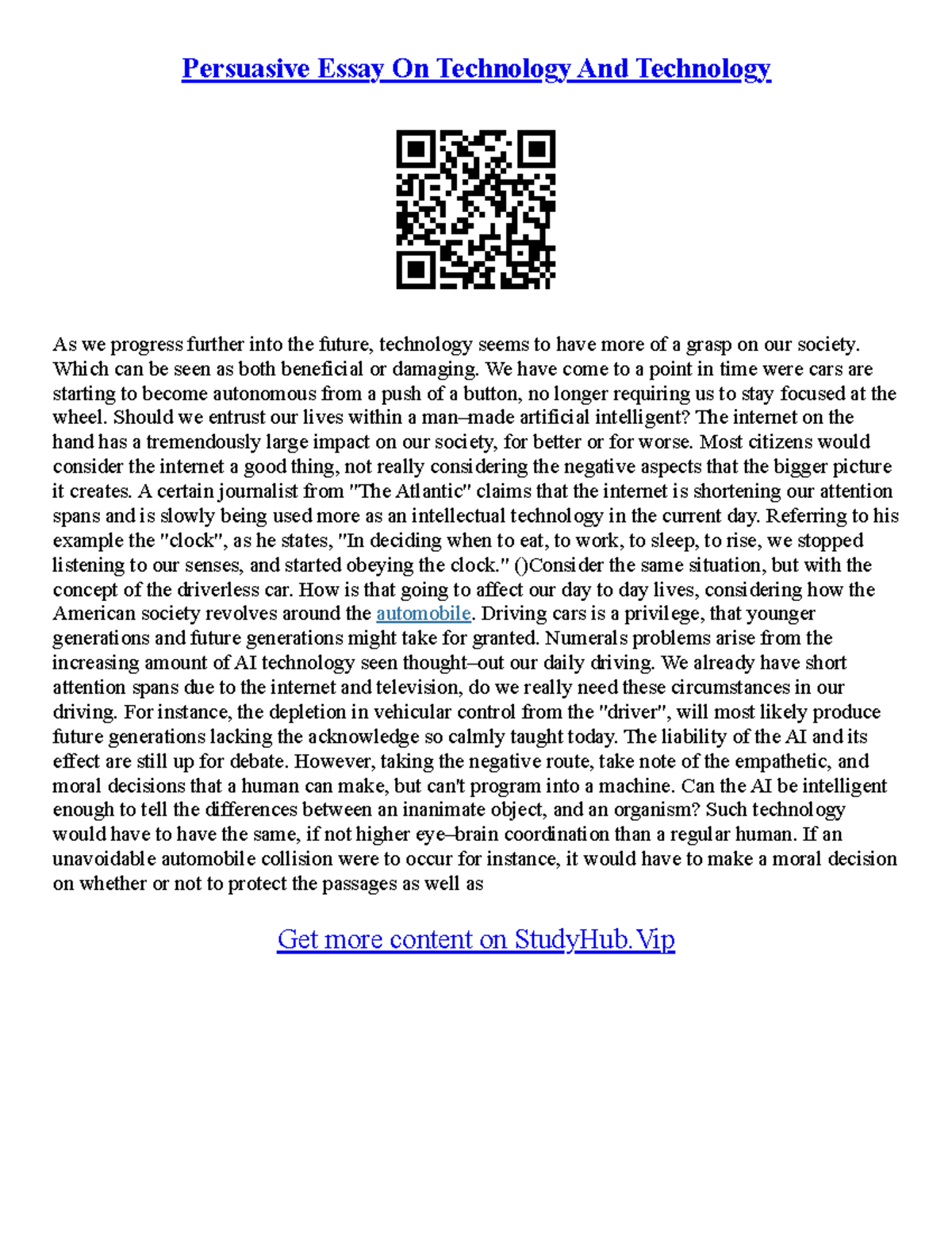 Persuasive Essay (ENG101): Impact of Technology on Society - Studocu