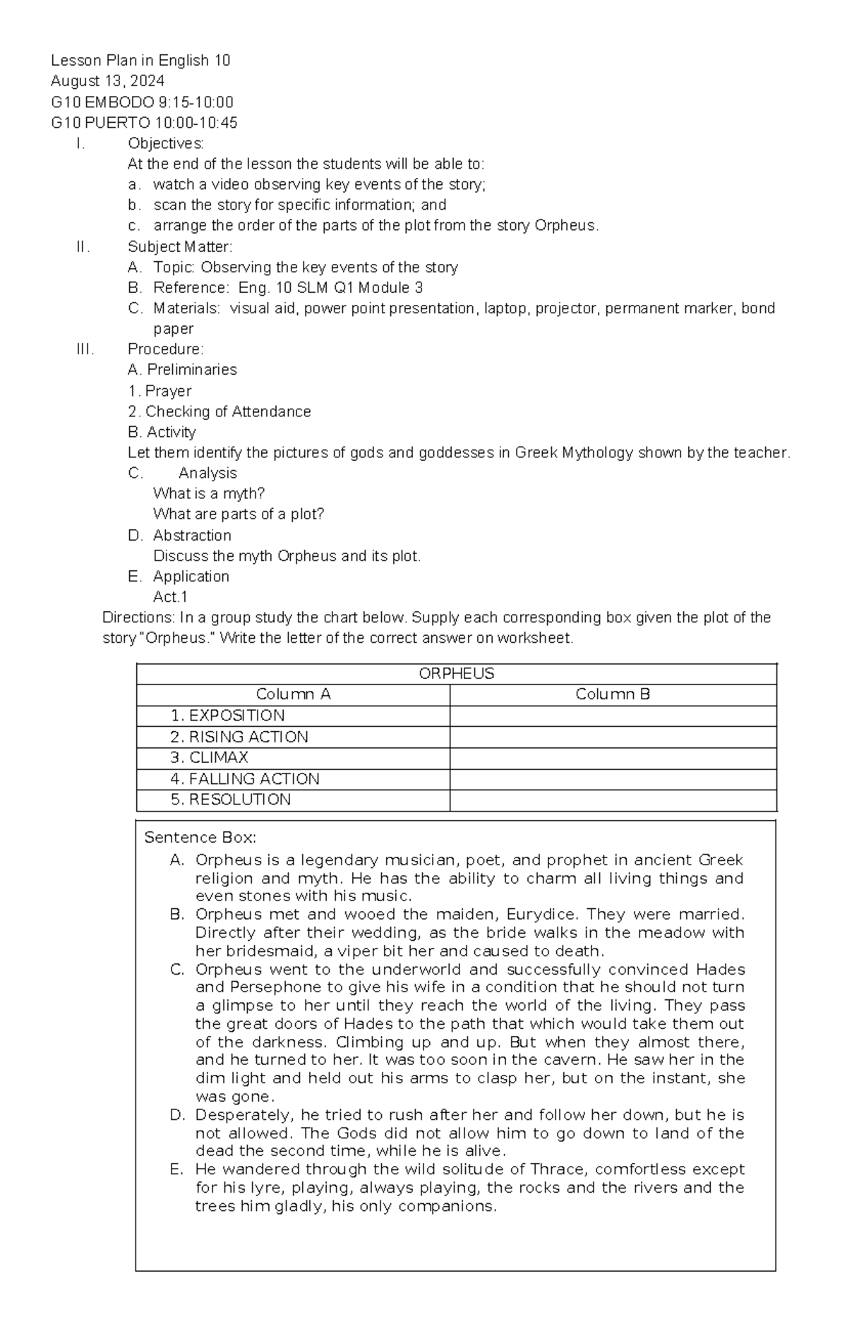 Lesson Plan: Key Elements of Orpheus - Eng 10 (G10 EMBODO & PUERTO ...