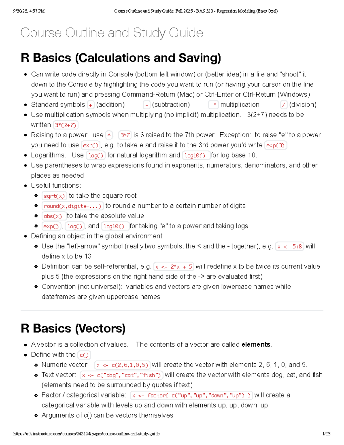 Course Outline and Study Guide: Fall 2025 - BAS 320 - Regression ...