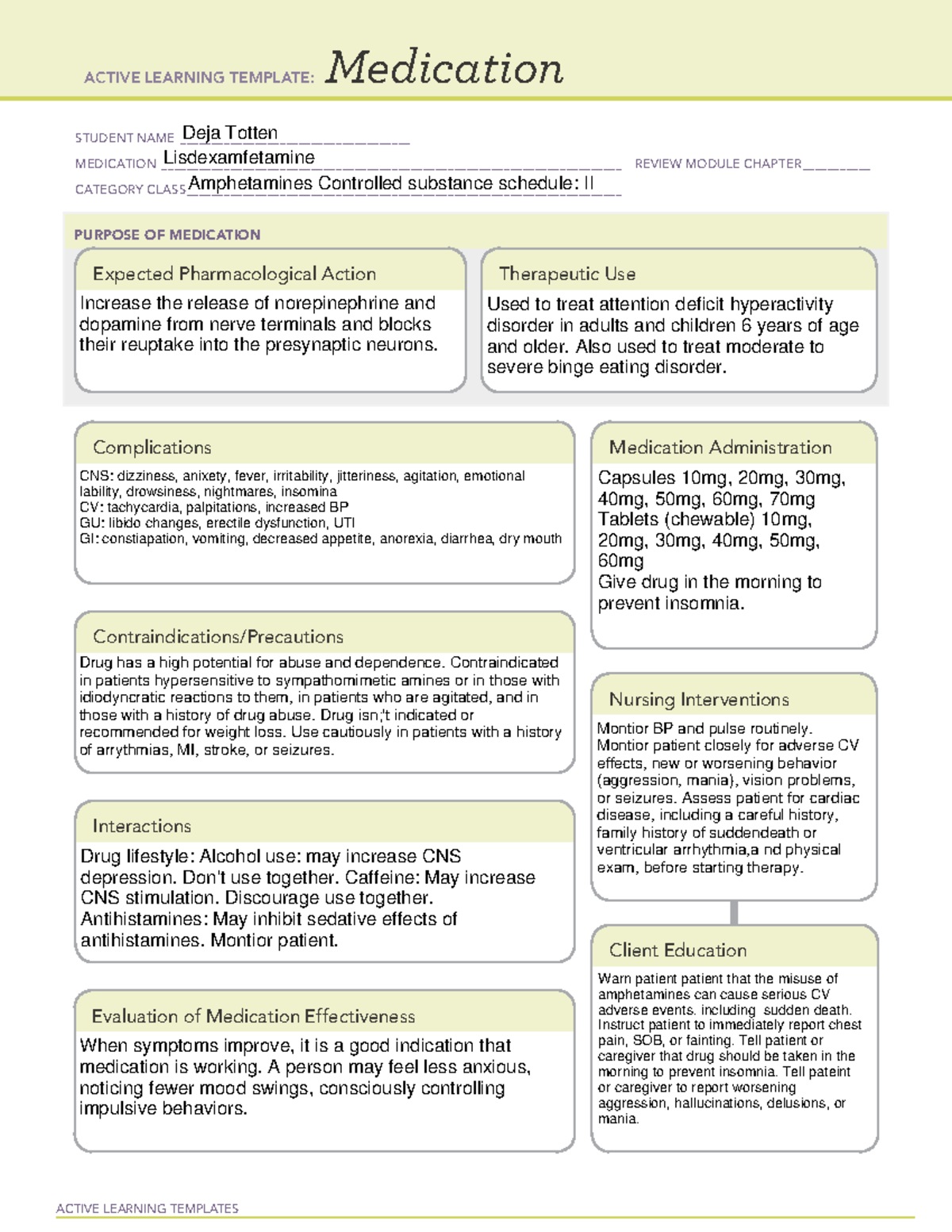 Lisdexamfetamine Medication Cards - Active Learning Template - Studocu