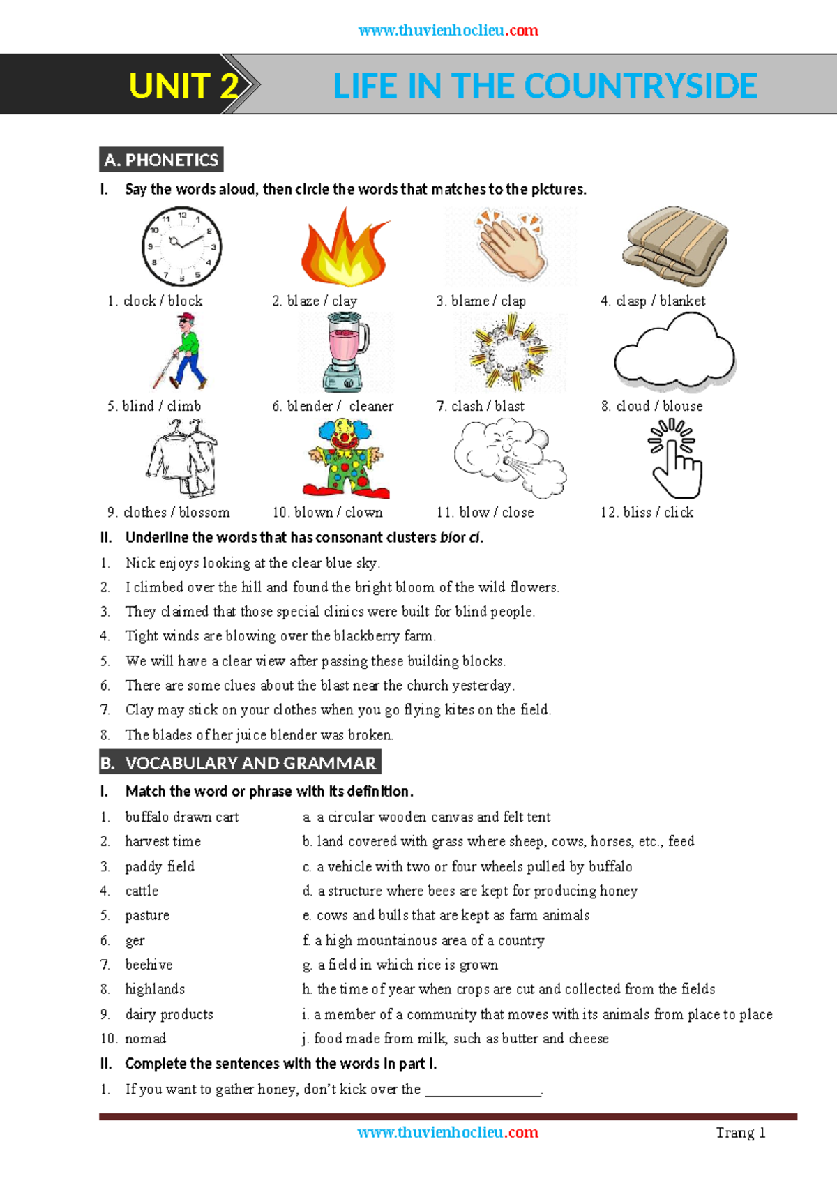 UNIT 2: LIFE IN THE COUNTRYSIDE - PHONETICS & VOCABULARY EXERCISES ...