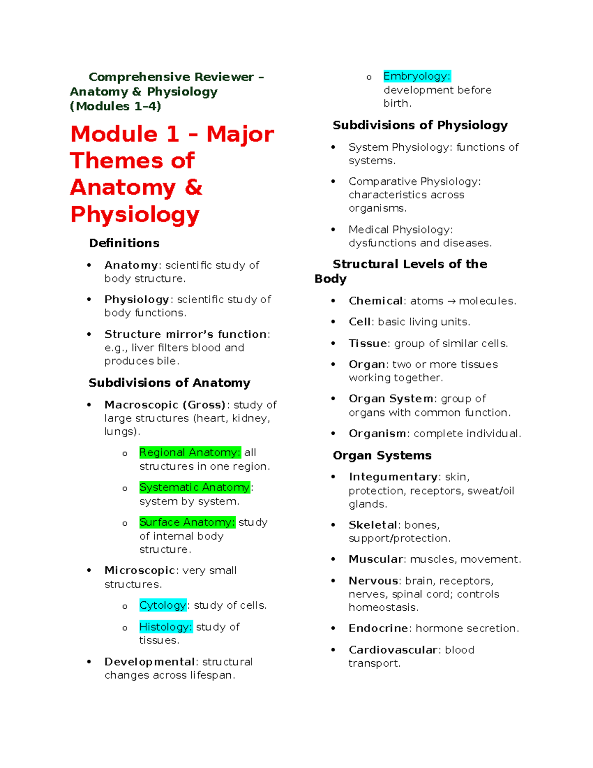Comprehensive Reviewer for Anatomy & Physiology (Modules 1-2) - Studocu