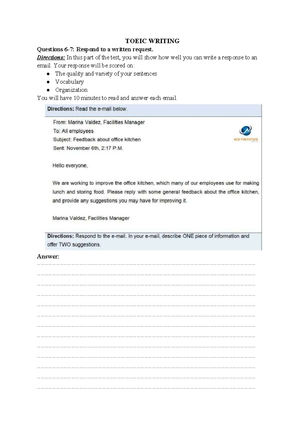 TOEIC Writing: Responding to Email & Opinion Essay Guidelines - Studocu