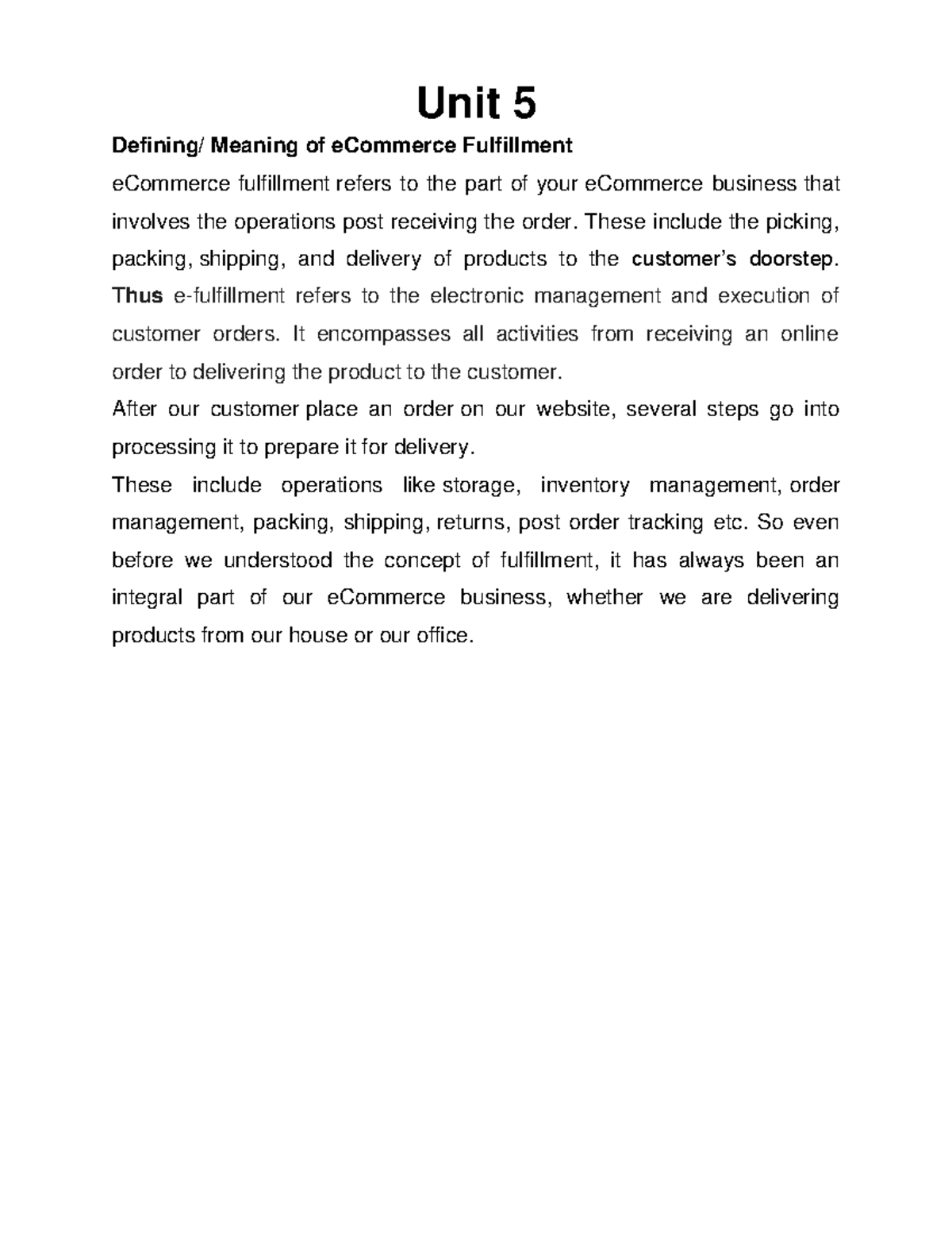 Unit 5 e Commerce Fulfillment - Unit 5 Defining/ Meaning of eCommerce Fulfillment eCommerce ...