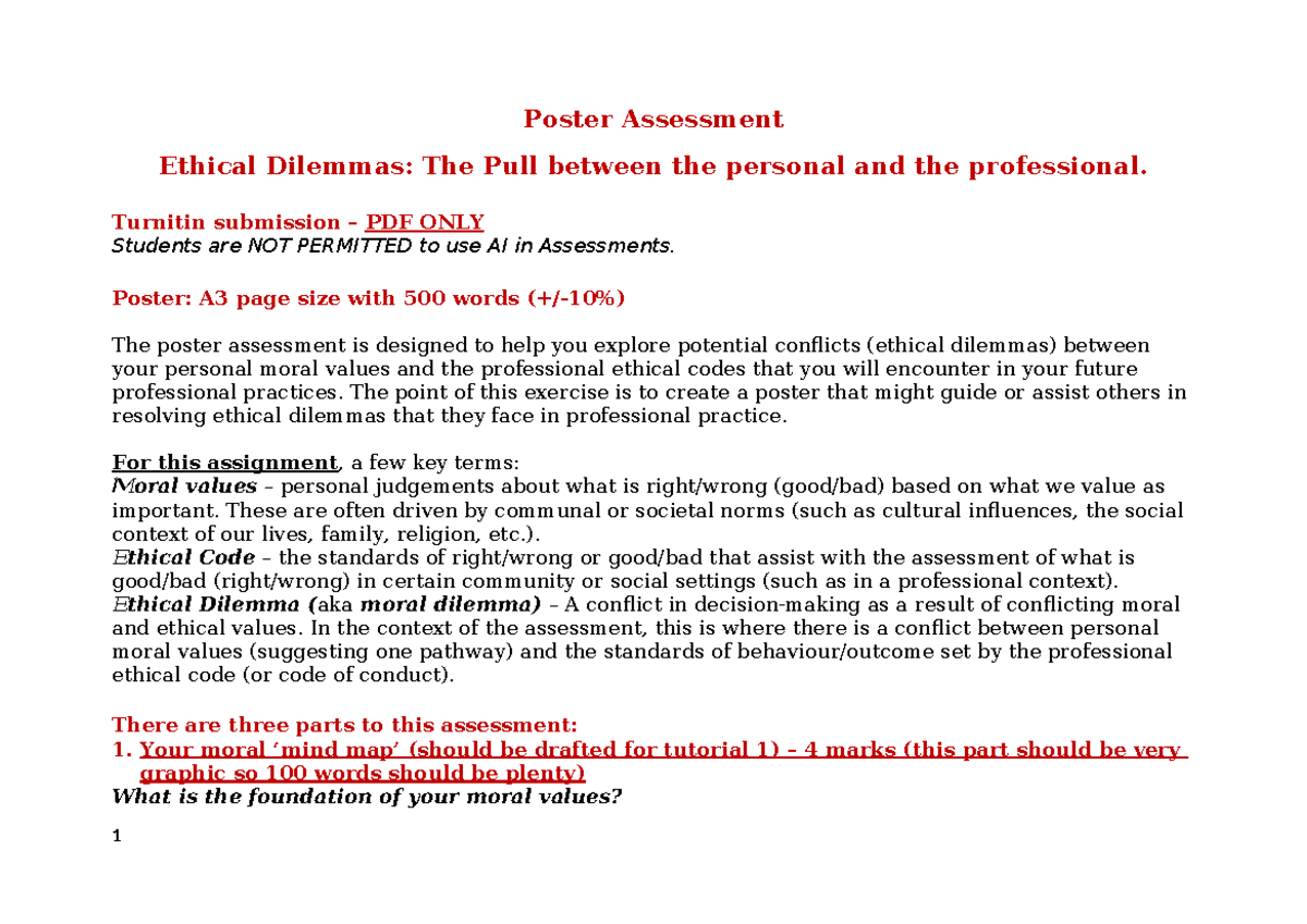 Assessment 1 - Poster: Ethical Dilemmas in Personal vs. Professional ...