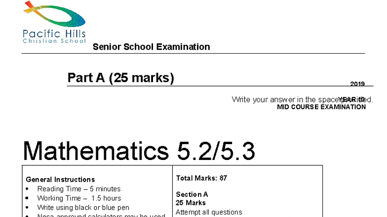 2019 Year 10 Mathematics Mid Course Exam (Part A, 25 Marks) - Studocu