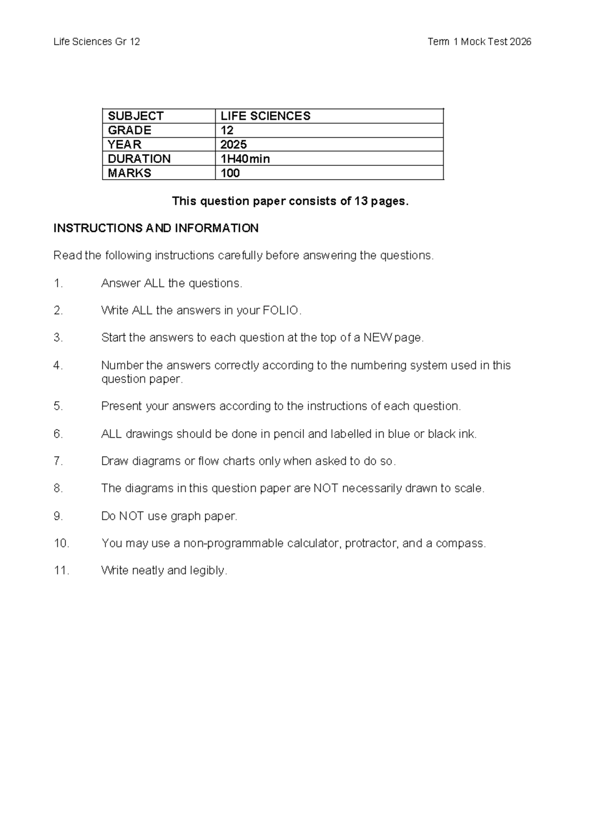 Life Sciences Gr 12 Term 1 Mock Test 2026 - Comprehensive Review - Studocu