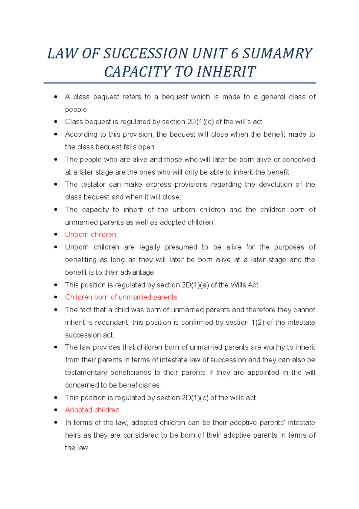 LAW OF SUCCESSION UNIT 6 Summary: Capacity to Inherit & Legal ...