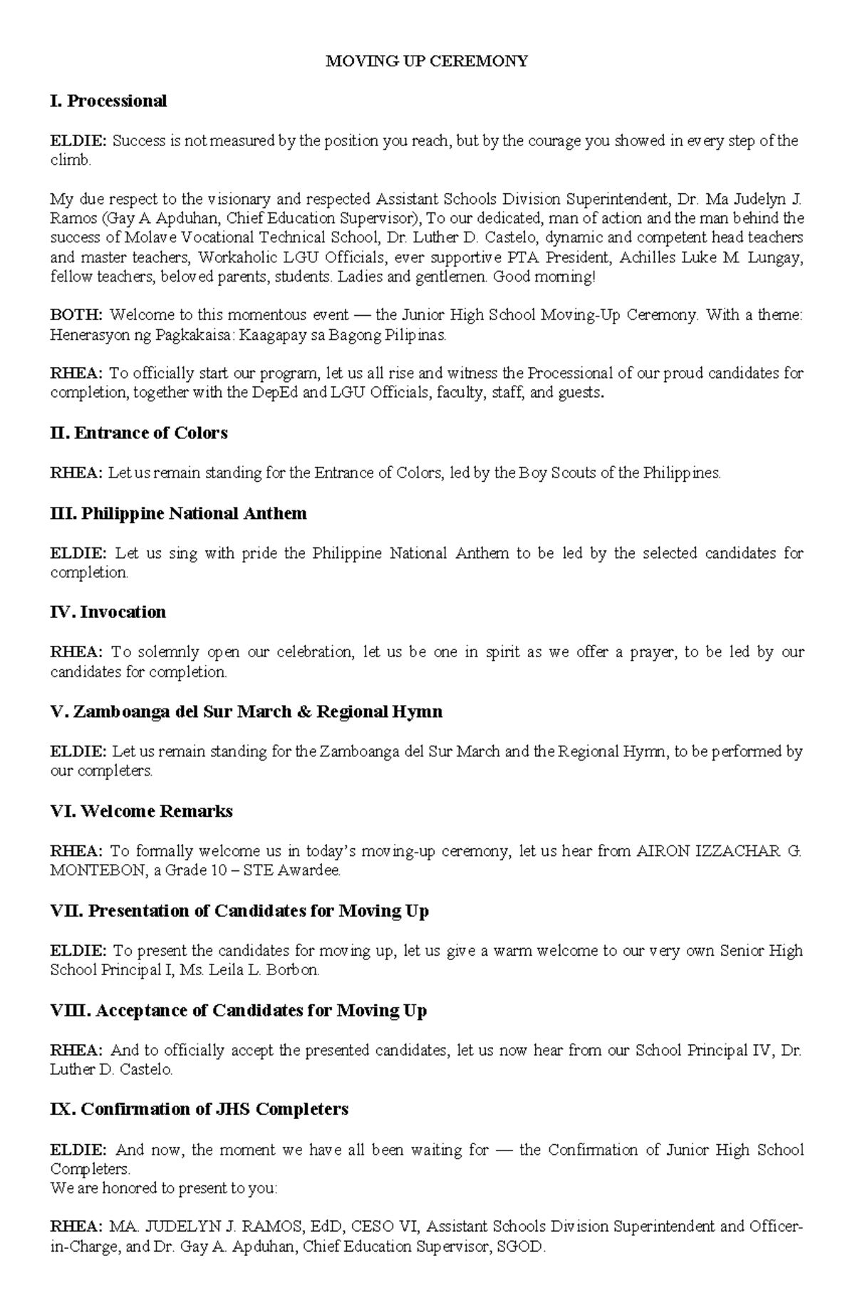 Moving Up Ceremony Script: JHS Completion Event - Studocu