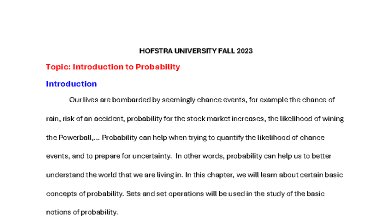 HOFSTRA UNIVERSITY FALL 2023: Intro to Probability Concepts (MATH040 ...