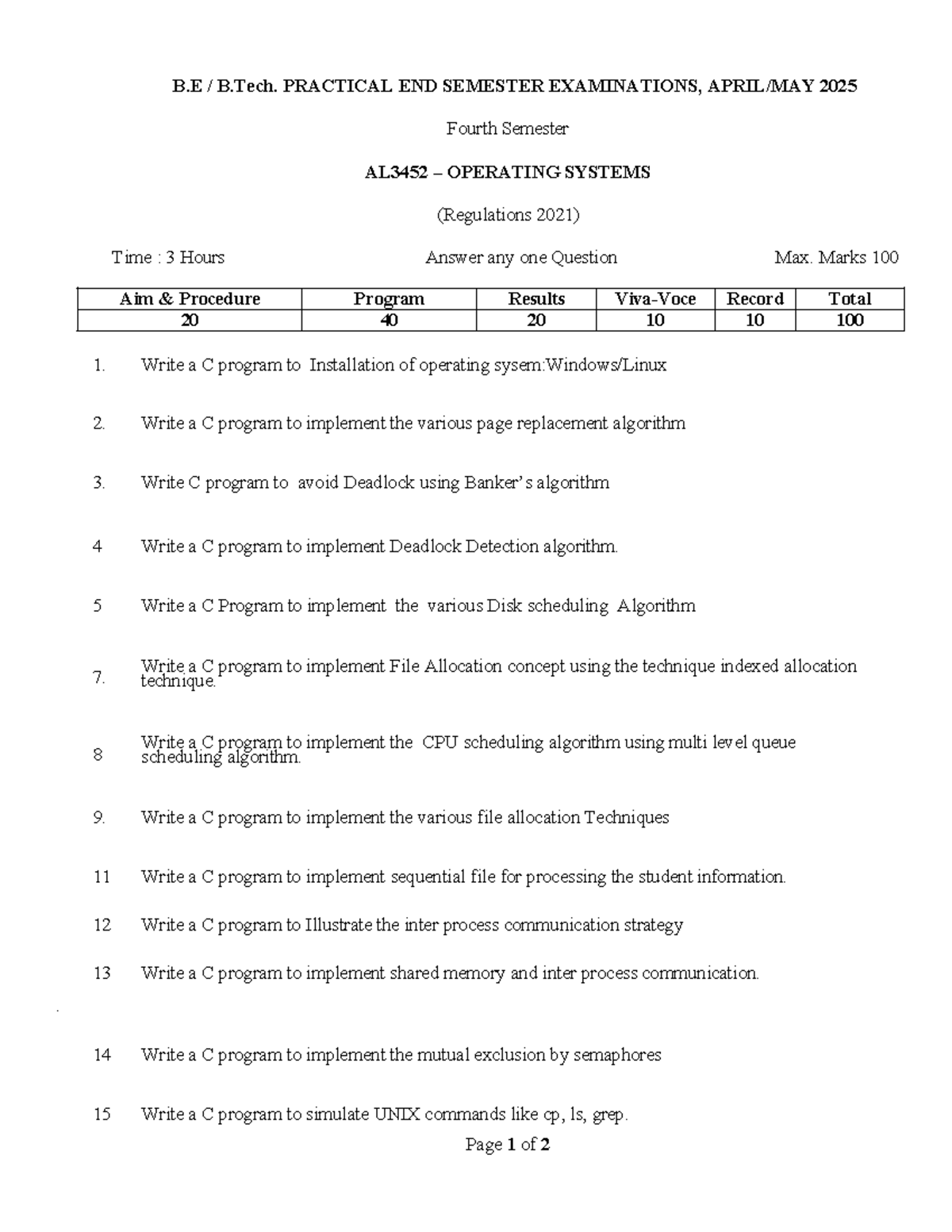 AL3452 OPERATING SYSTEMS Practical Exam Questions Set 2 (2025) - Studocu