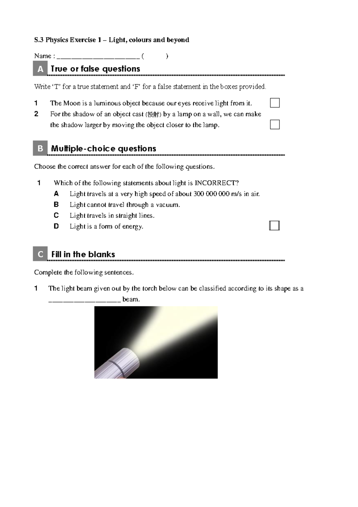 S.3 Physics Quiz: Light, Colors, and Beyond (Ex1 e 2016) - Studocu