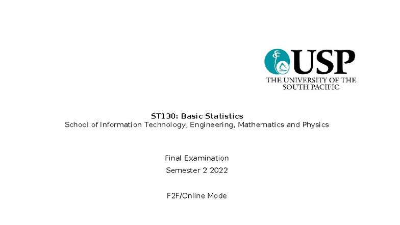 ST130: Basic Statistics Final Exam Semester 2 2022 - Studocu