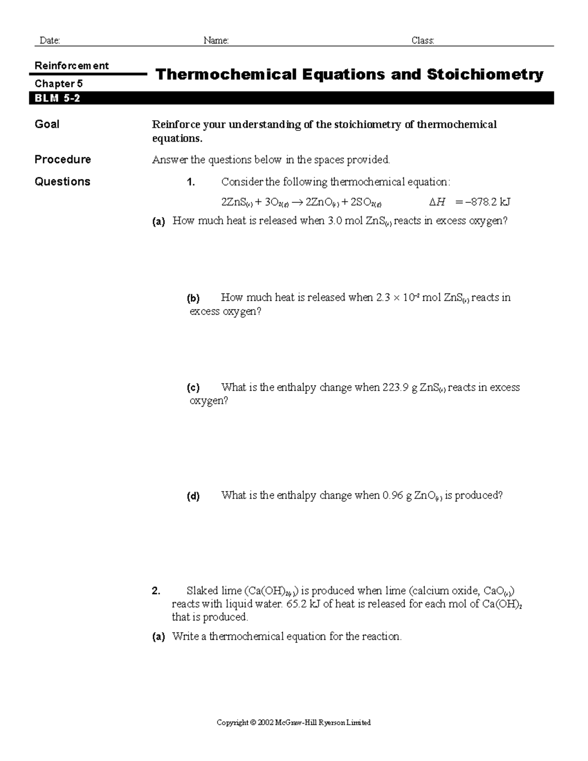 Thermochemical Equations & Stoichiometry: Reinforcement Chapter 5 BLM - Studocu