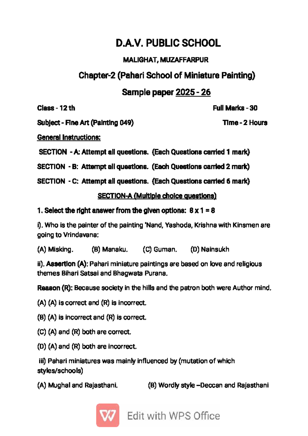 Class 12 Fine Art (Painting 049) Sample Paper 2025-26: Pahari ...