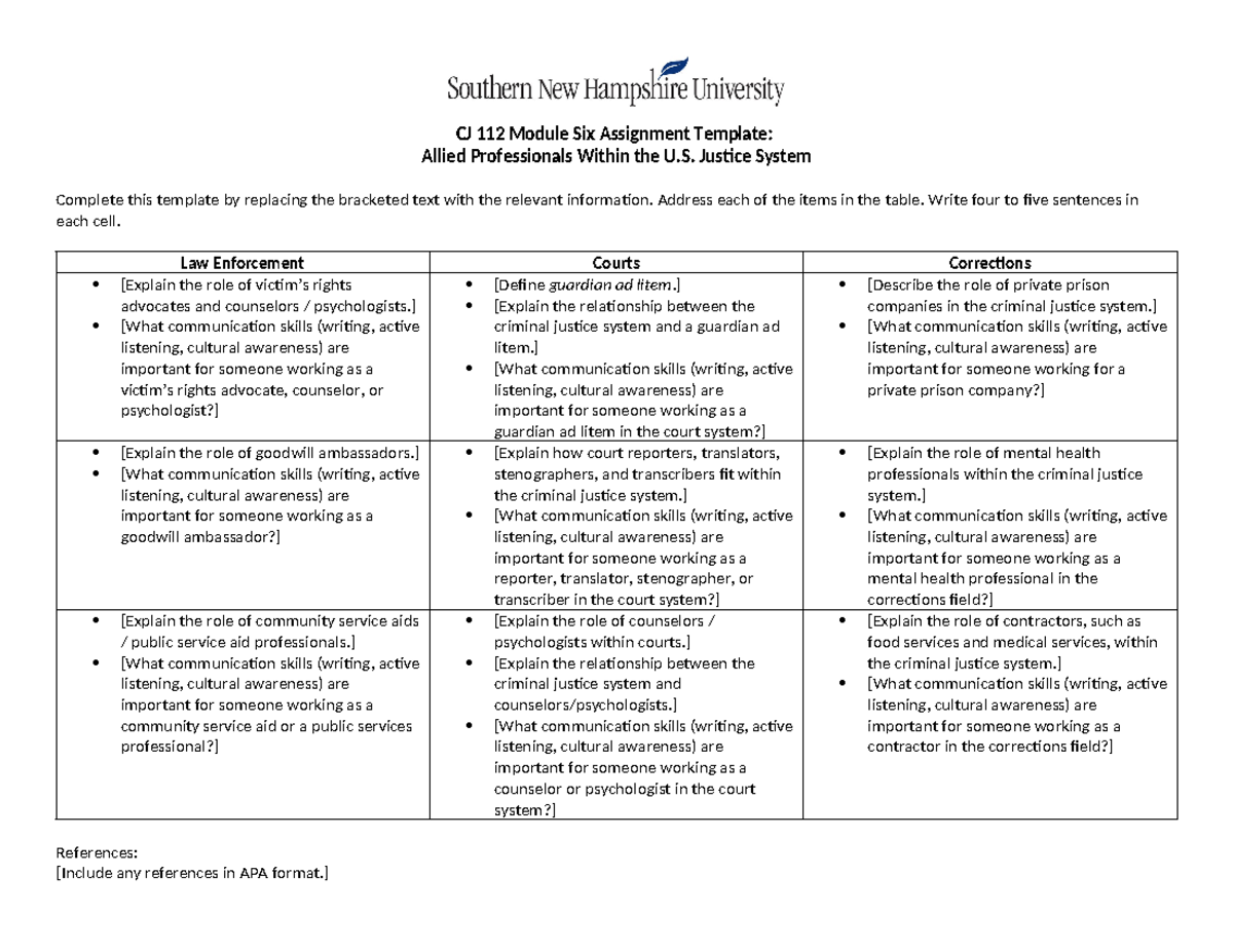 CJ 112 Module 6 Assignment: Roles of Allied Professionals in Justice ...