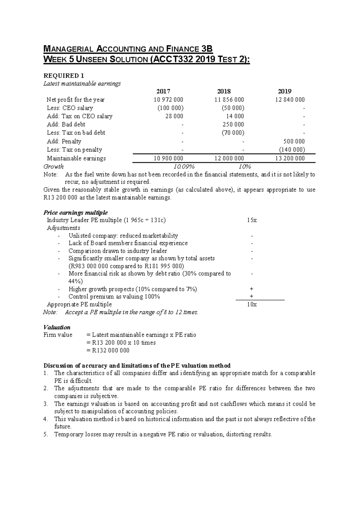 ACCT332 Week 5 Unseen Solutions: Managerial Accounting & Finance - Studocu
