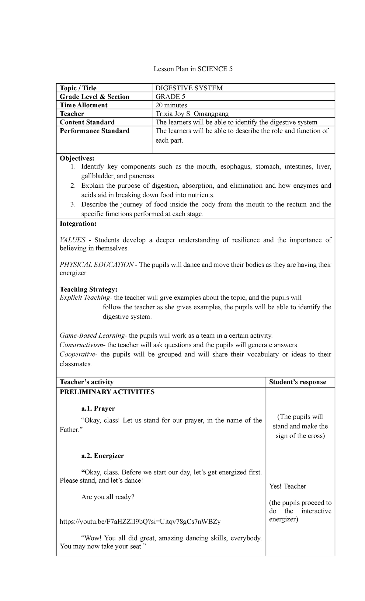 Digestive System Lesson Plan for Grade 5 - SCIENCE 5 - Studocu
