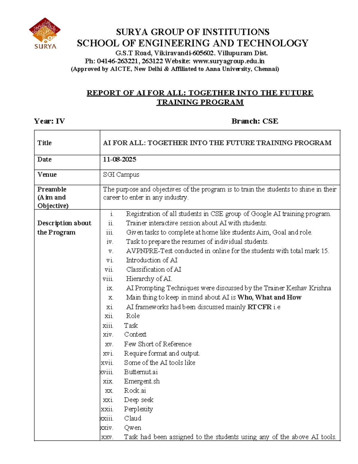 CSE IV Year Training Report: AI for All Program at SGI - Studocu