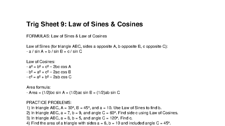 Trig Sheet 9: Law of Sines & Cosines Formulas and Problems - Studocu