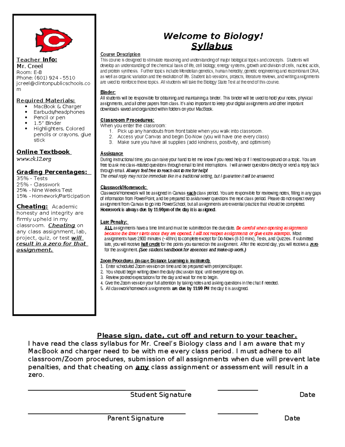 Biology Syllabus (BIO101) - Course Overview & Important Guidelines ...