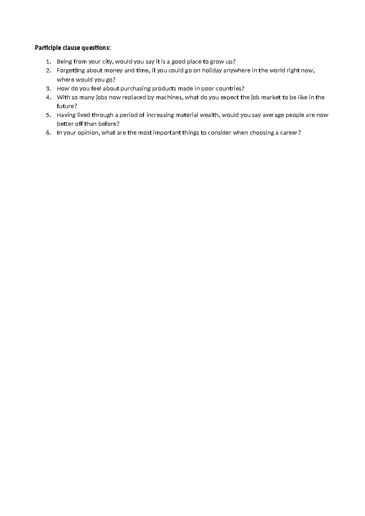 Participle Clause Questions for Discussion and Analysis - Studocu