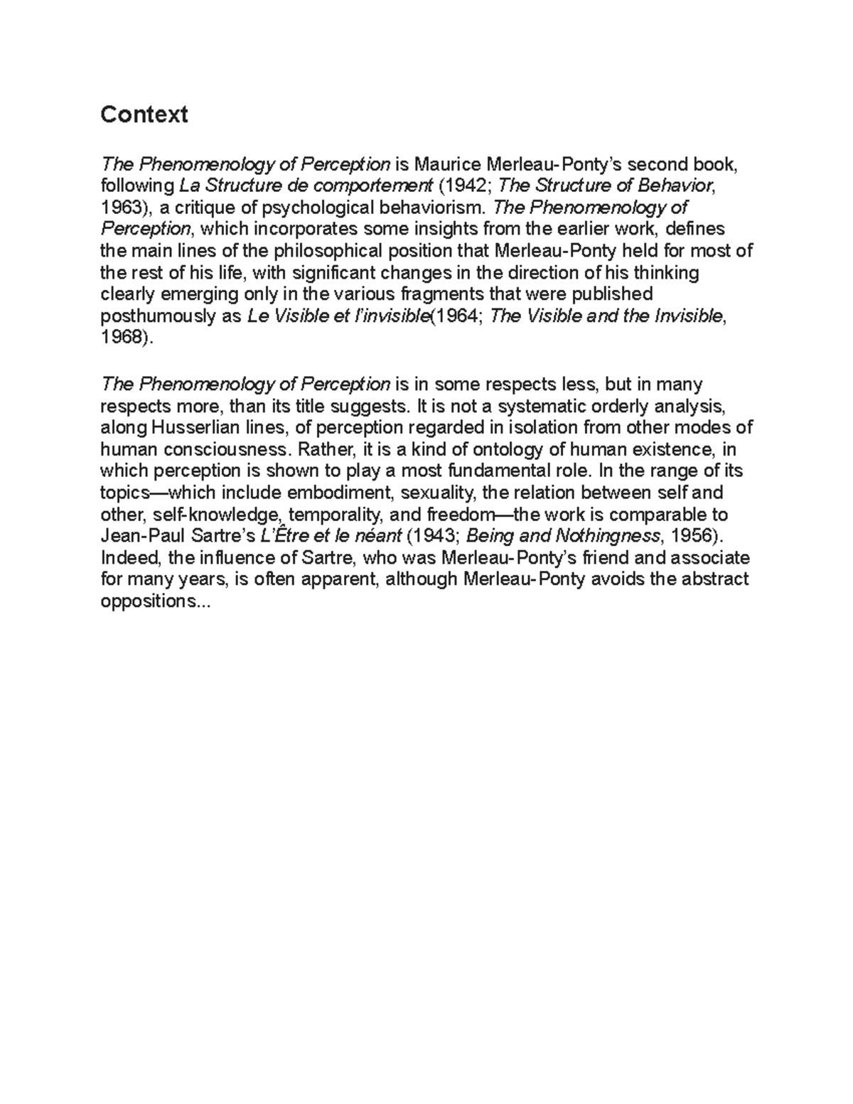 Summary of Merleau-Ponty’s Phenomenology of Perception 6 - Studocu
