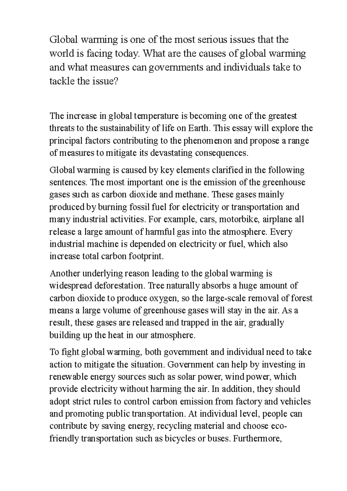 ENG 101: Essay on Causes and Solutions to Global Warming - Studocu