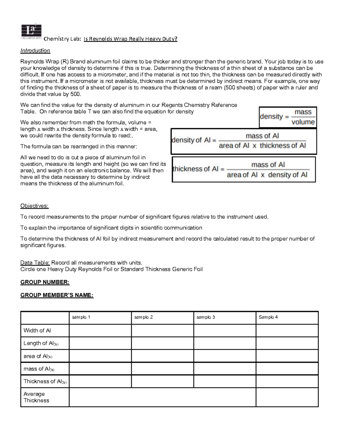 Chemistry Lab: Measuring Thickness of Reynolds Wrap Foil - Studocu