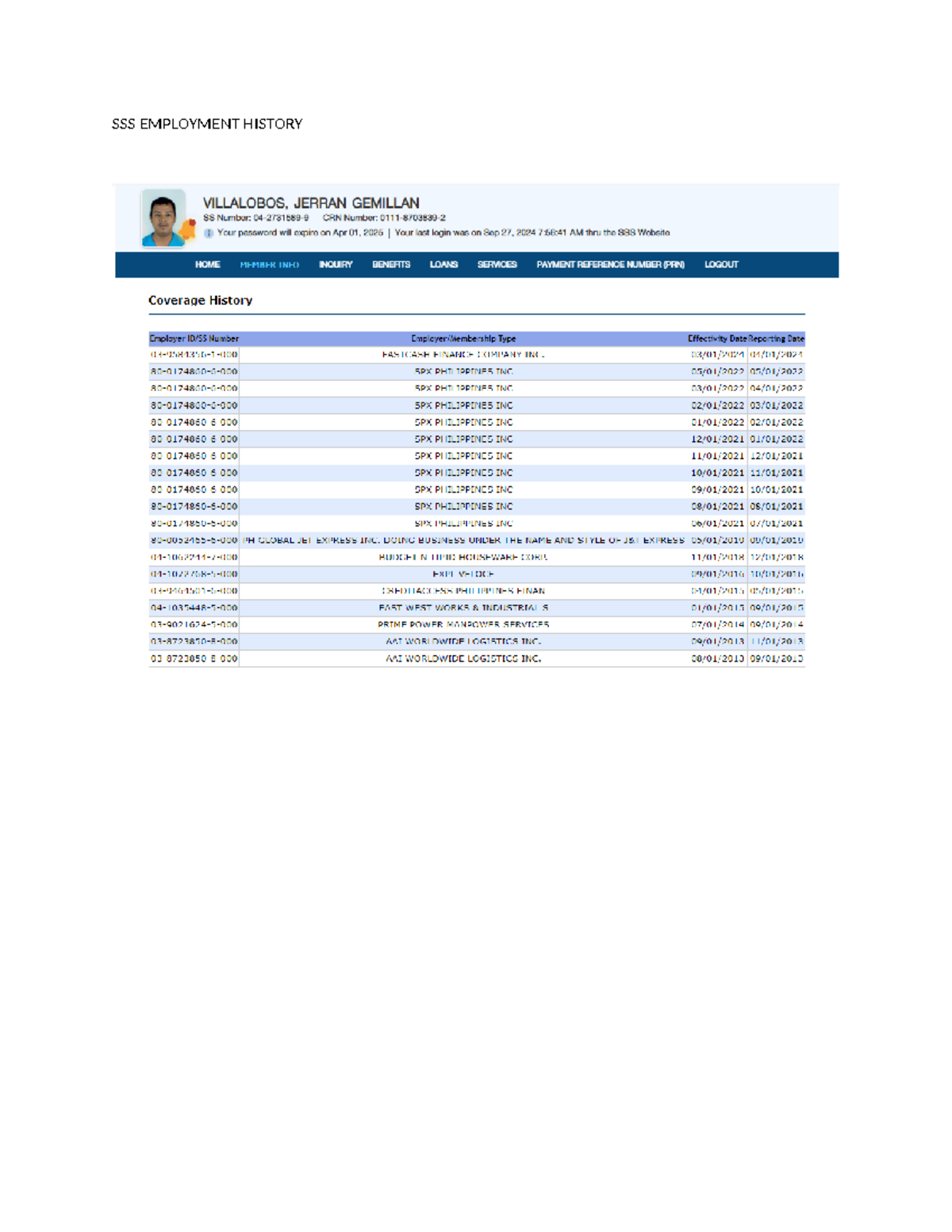 SSS Employment History for Jerran Gemillan Villalobos - Studocu