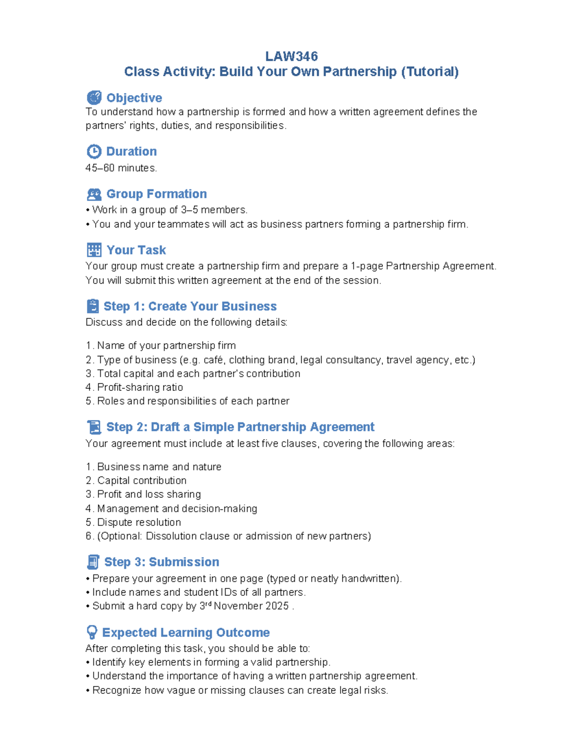 LAW346 Tutorial: Build Your Own Partnership Activity Guide - Studocu