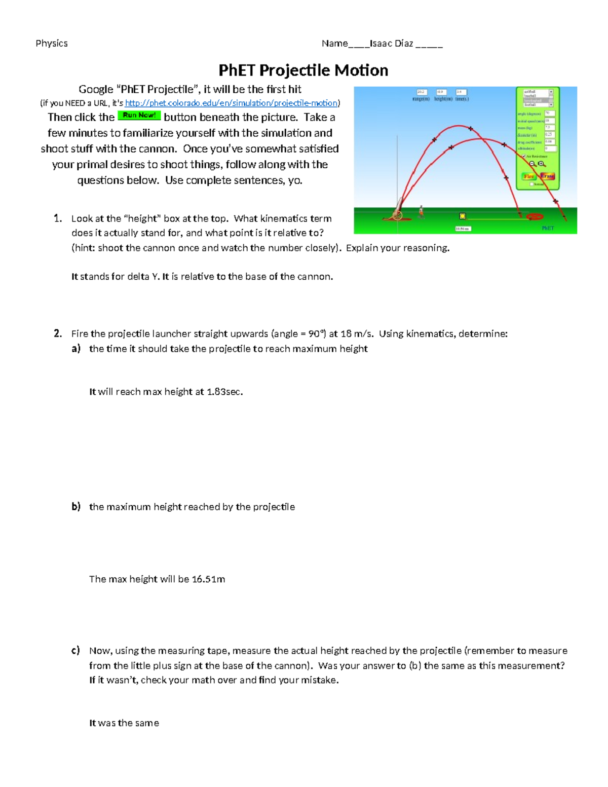 Projectile Motion Lab - PHYS 101: Isaac Diaz's Findings - Studocu