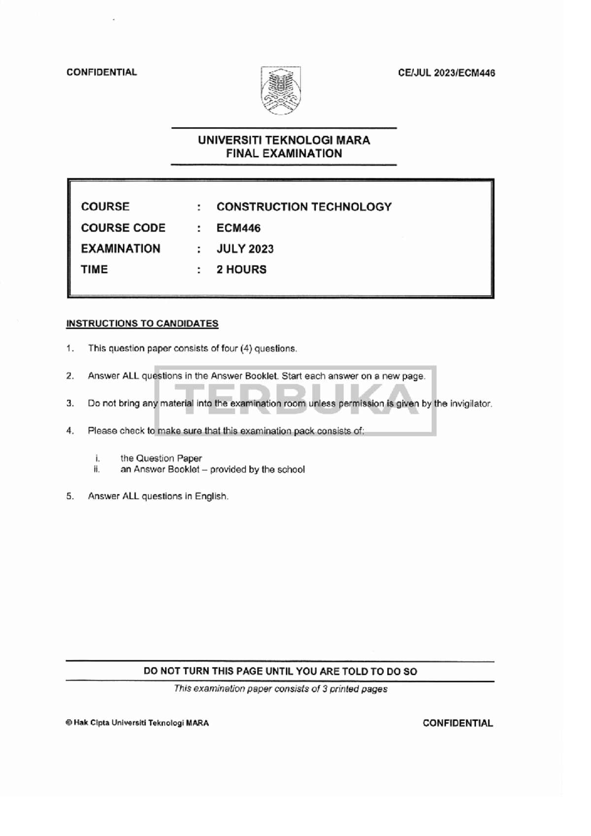 ECM446 - Construction Technology Final Exam Questions July 2023 - Studocu